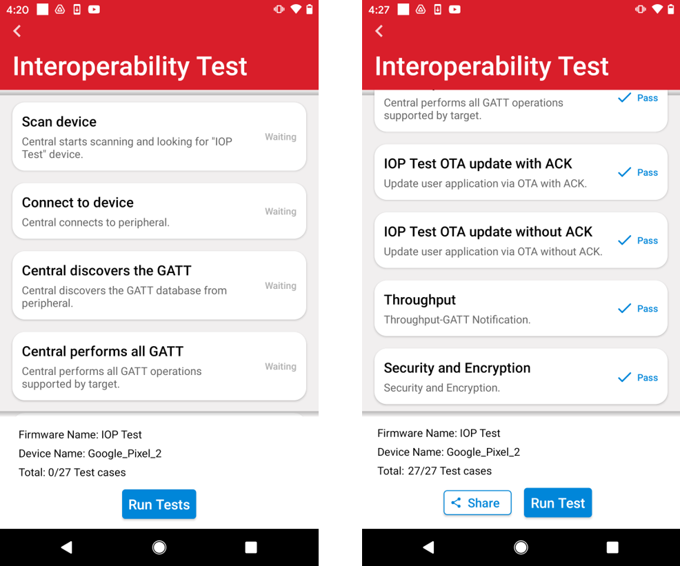 The First BLE Mobile App with Throughput and Mobile Interoperability Tests
