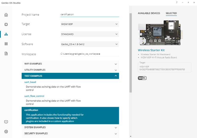 WGM160P Certification Testing (using an example application provided in ...
