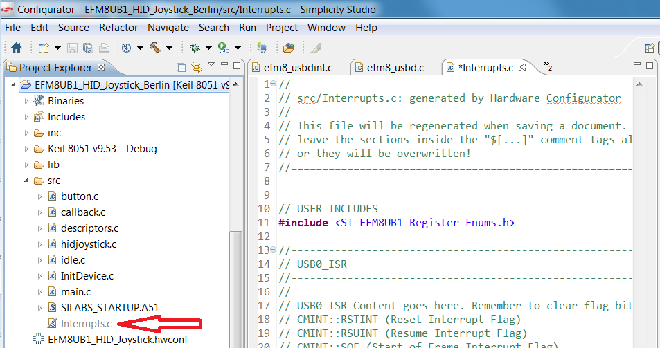 Why is Interrupts.c greyed out in my EFM8 HID Joystick software example?