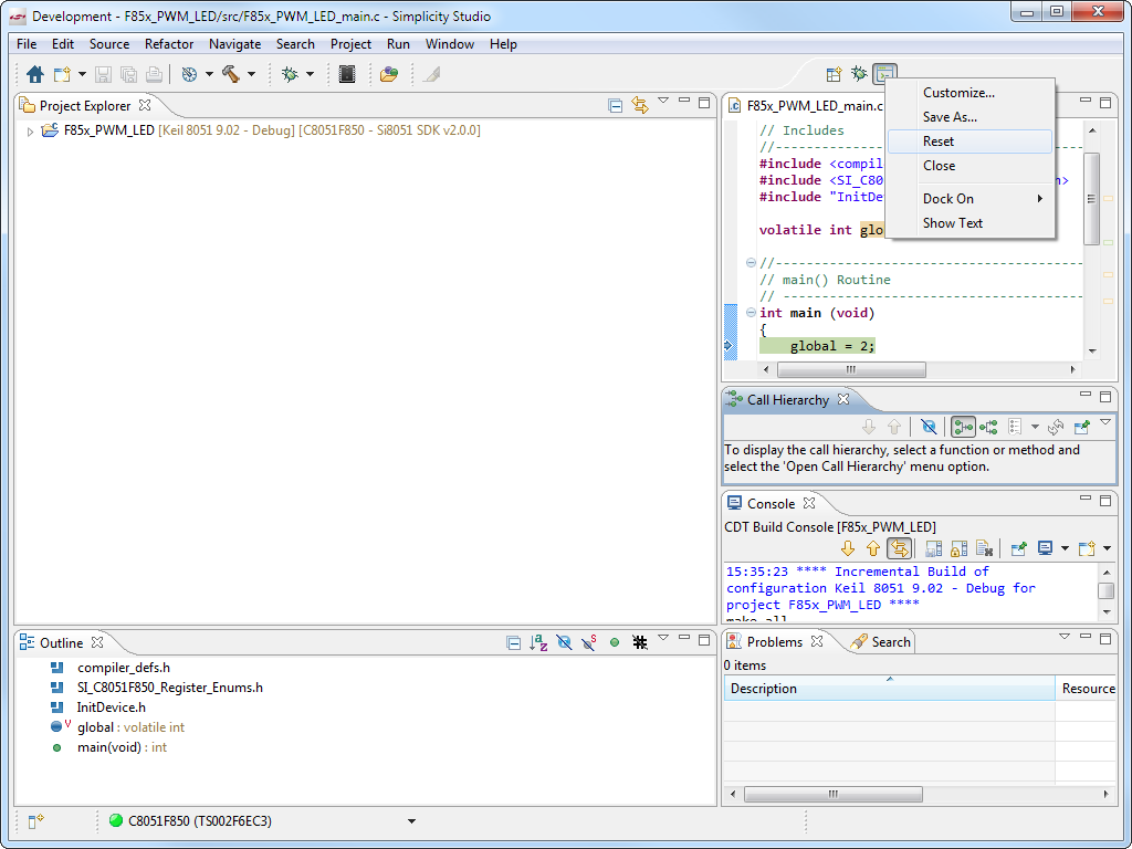 Resetting the Development Layout in Simplicity IDE
