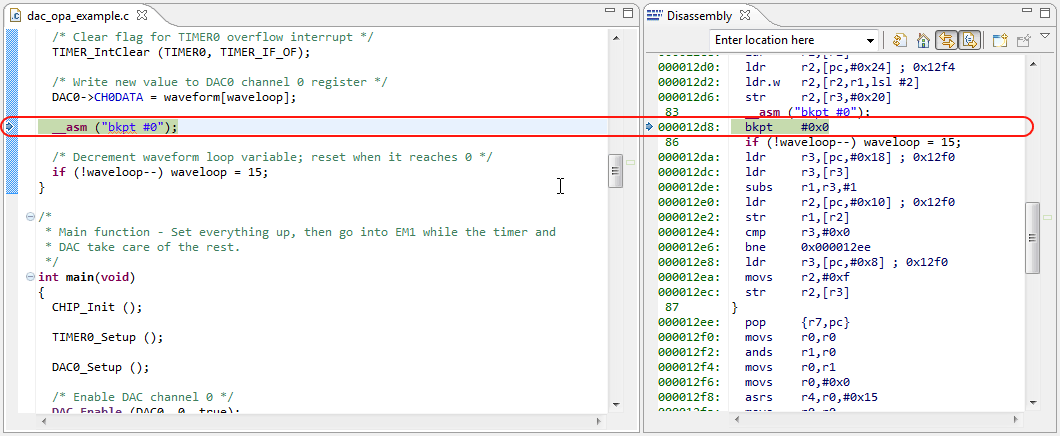 Stepping Through an Inline Breakpoint in the Simplicity Studio Debugger