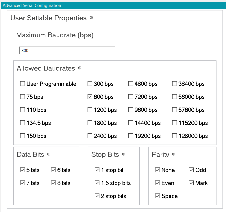 CP2102N: "Advanced Serial Configuration" options