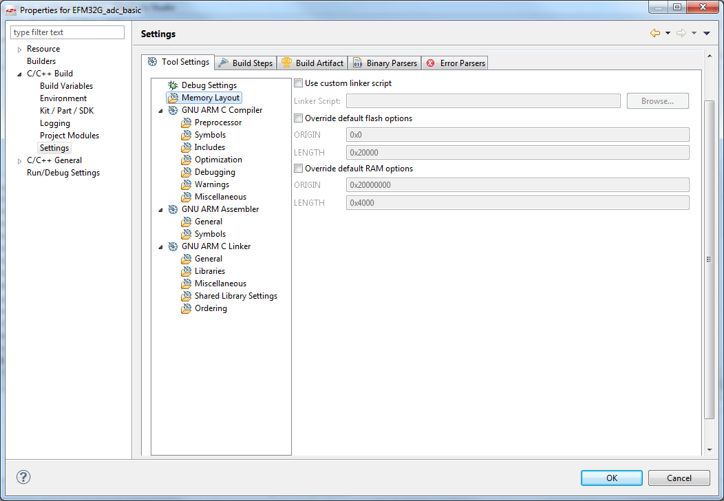 Using a custom linker script in Simplicity IDE.1