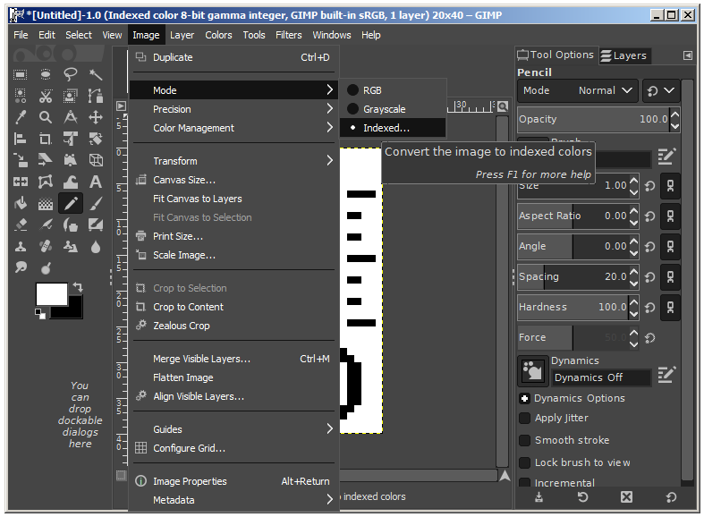 Creating monochrome bitmap files for LCD / GLIB using GIMP