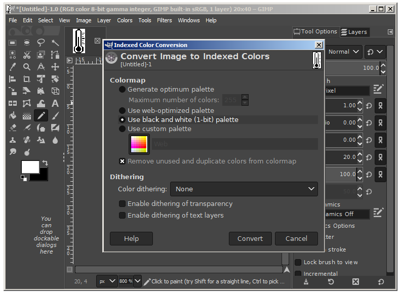 Creating monochrome bitmap files for LCD / GLIB using GIMP