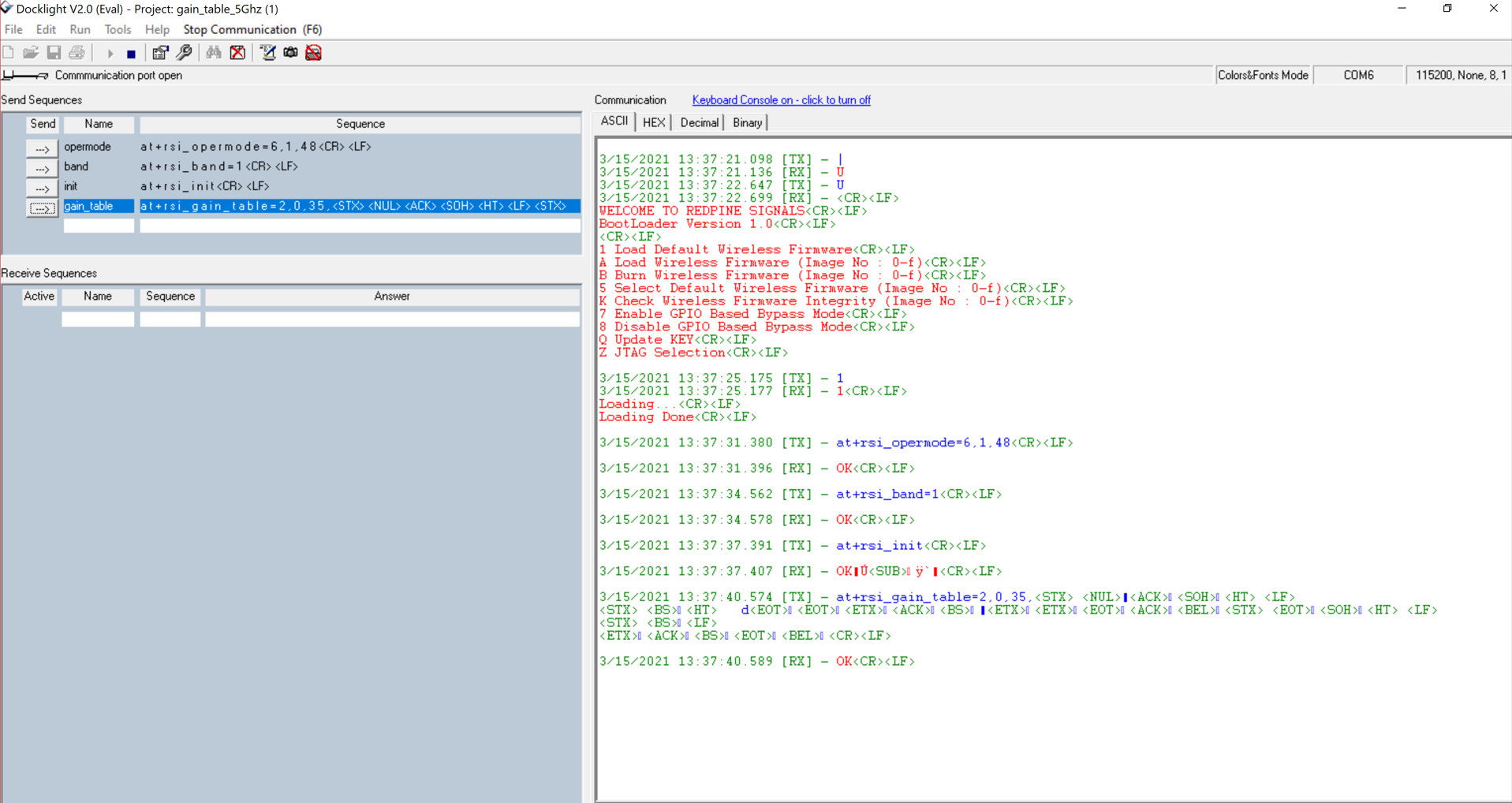 Custom user gain table preparation using AT commands with RS911x (NCP)